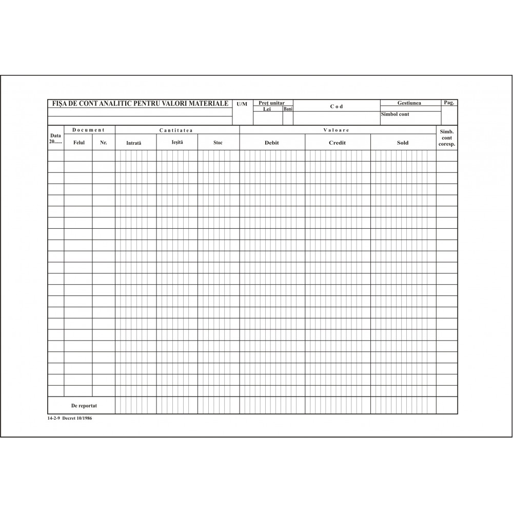 Fisa de cont analitic pentru valori materiale, Tipografia Fistem ...