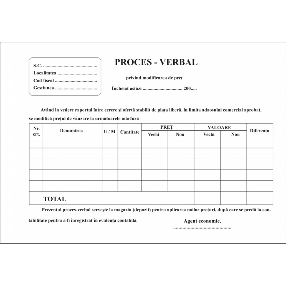 Proces verbal modificare pret A5, Tipografia Fistem, Tipografia ...