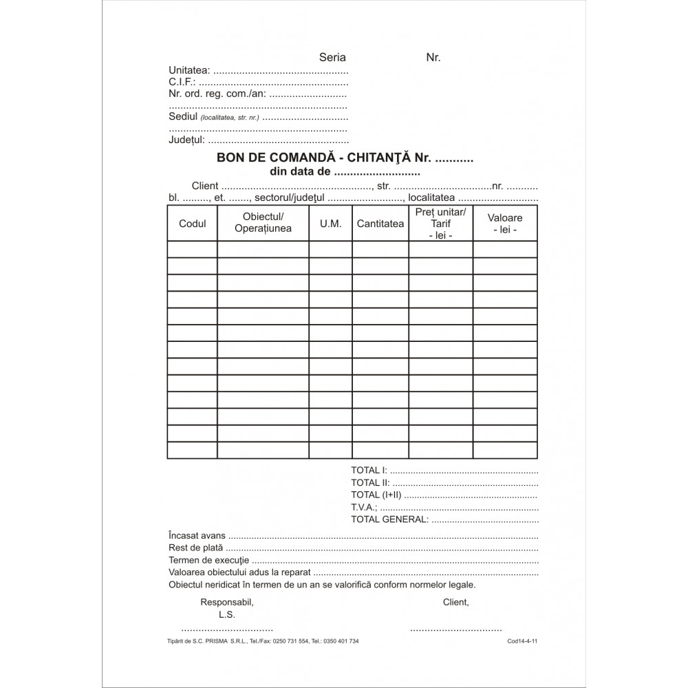 Bon de comanda-chitanta A5 cu TVA - autocopiativ, Tipografia Fistem ...