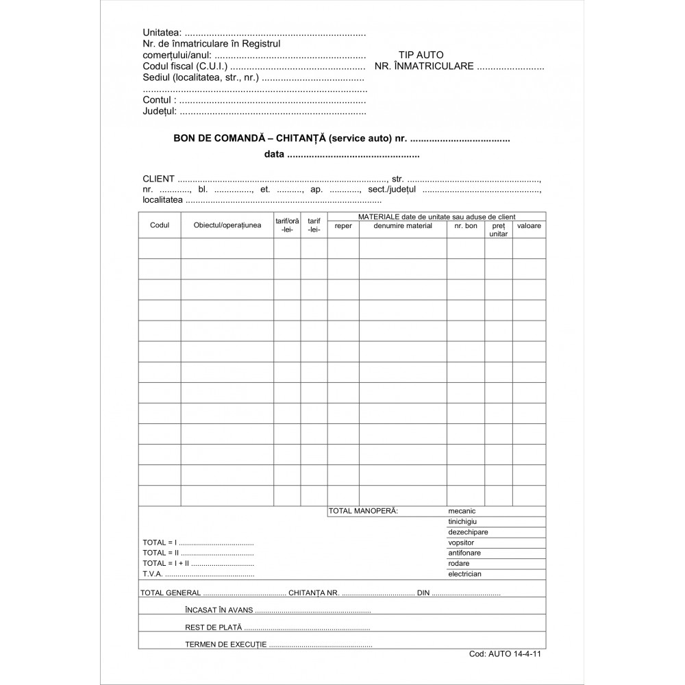 Bon de comanda service auto A4, Tipografia Fistem, Tipografia Valmaster ...