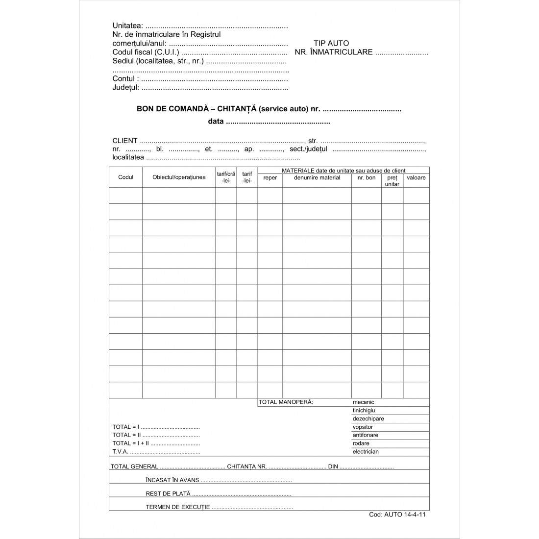 Bon de comanda service auto A4, Tipografia Fistem, Tipografia Valmaster ...