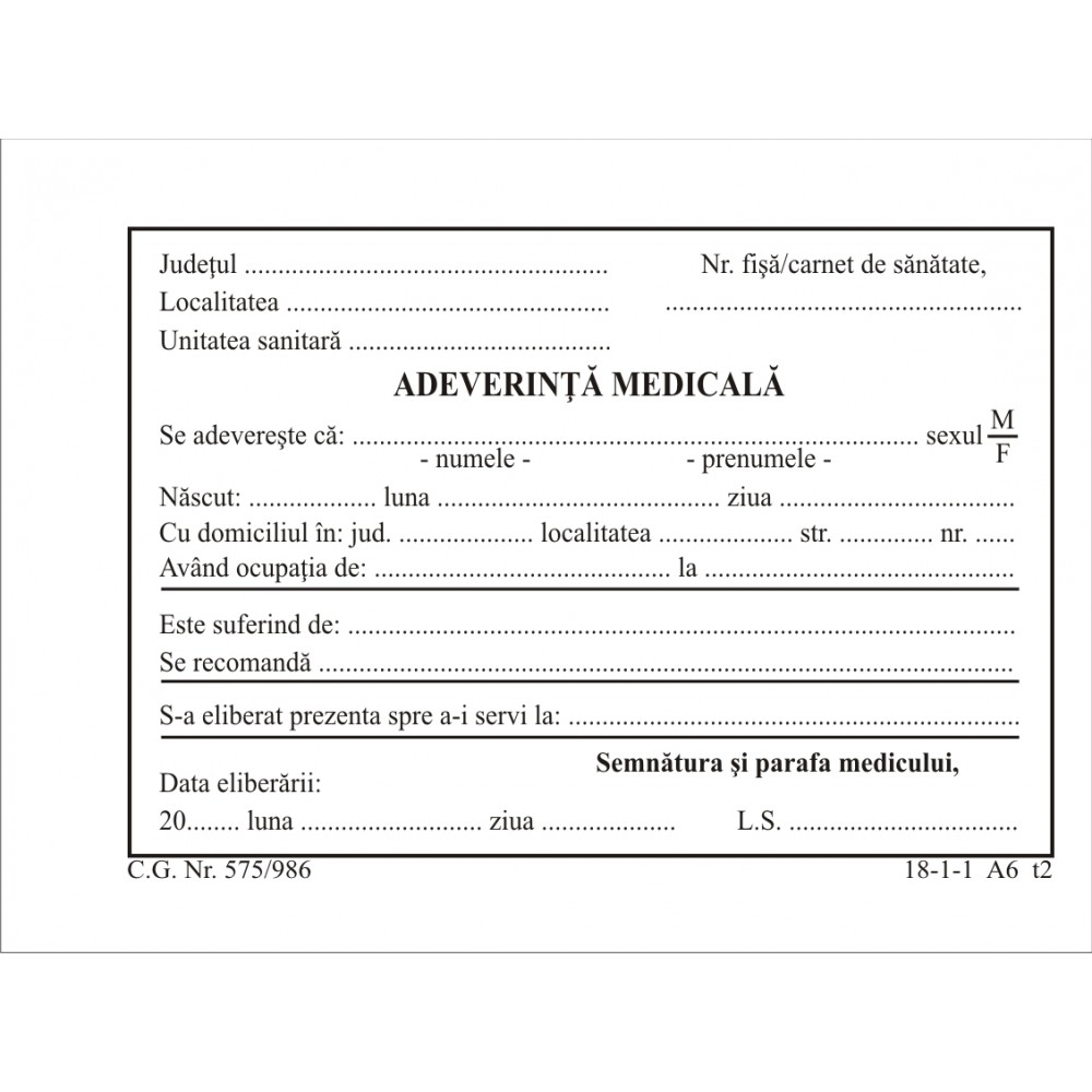 Adeverinta medicala A6