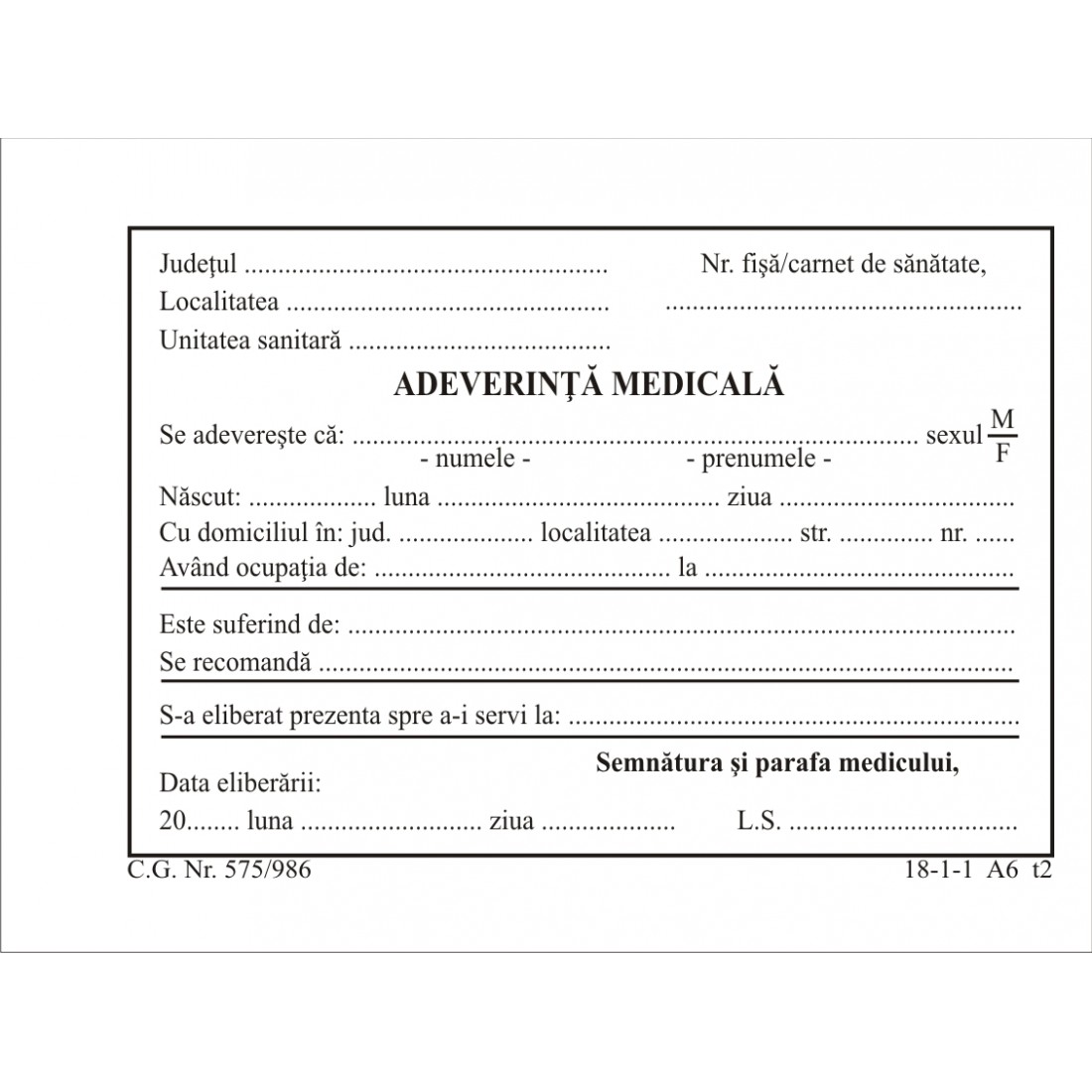 Adeverinta medicala A6